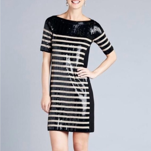 Per Se | Dresses | Per Se Black And Tan Striped Sequin And Merino Wool ...